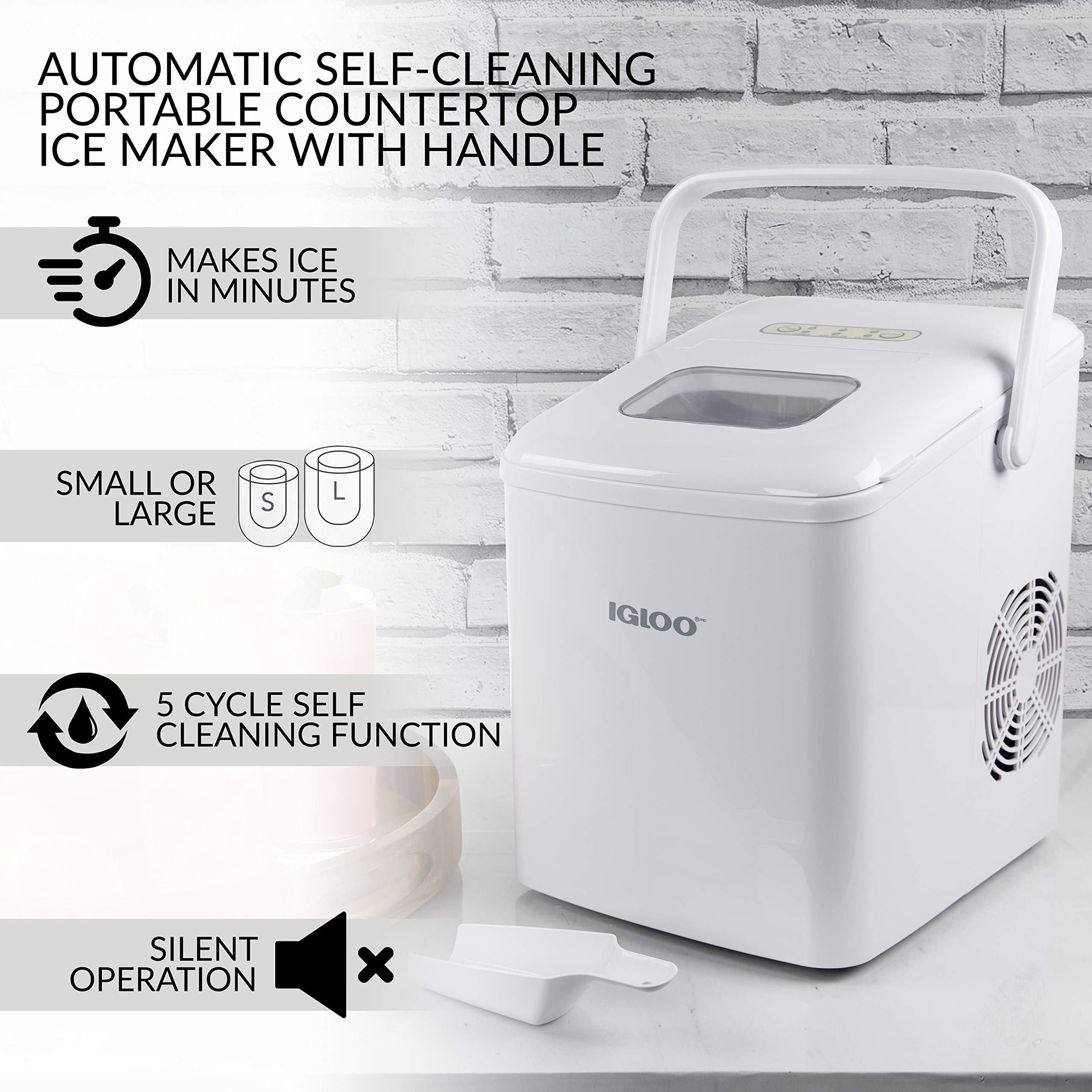 Igloo ICEB26HNWHN Automatic Self-Cleaning Portable Electric Countertop Ice Maker Machine With Handle, 26 Pounds in 24 Hours, 9 Ice Cubes Ready in 7 minutes, With Ice Scoop and Basket, White