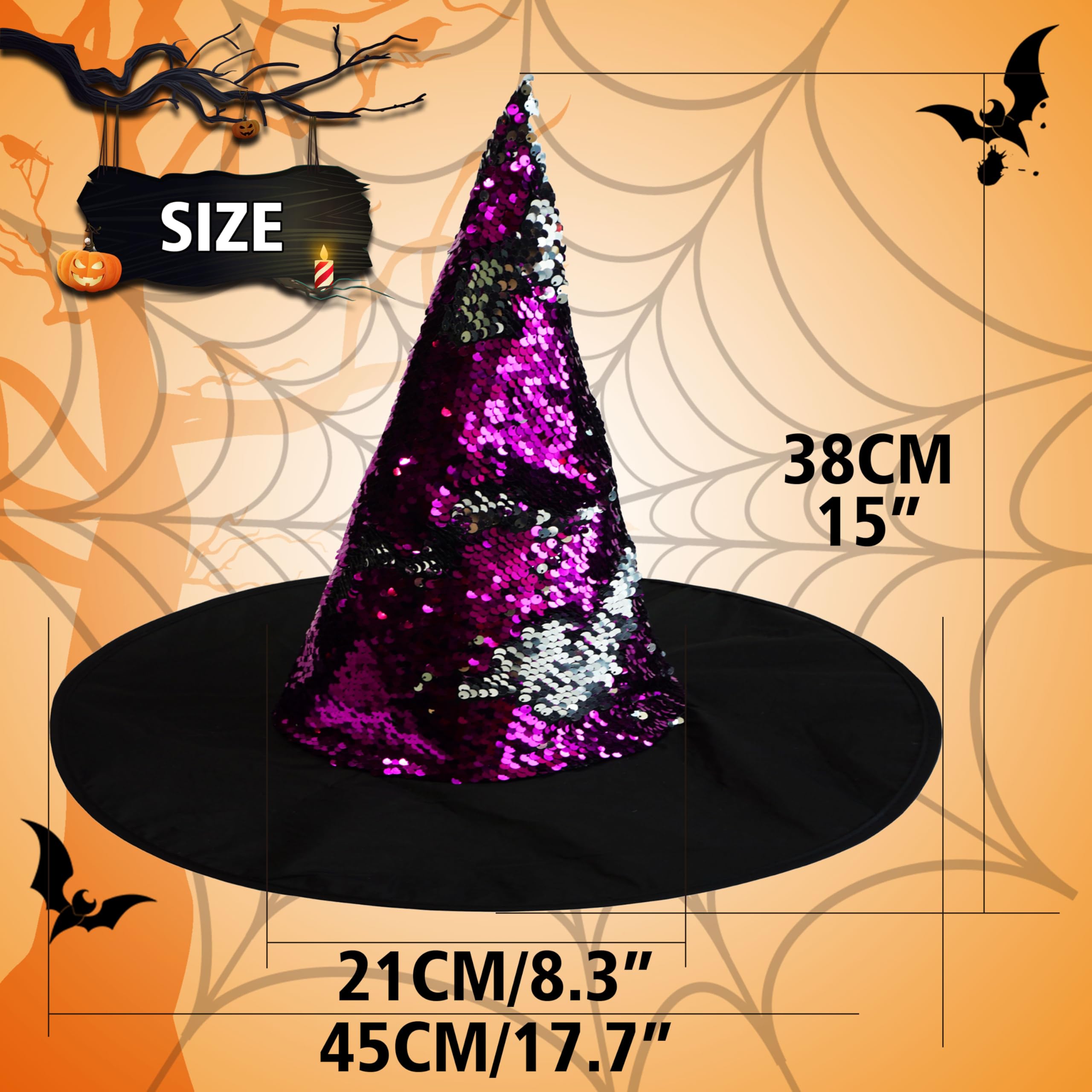 Hooin Halloween Reversible Sequin Witch Hat. Reversible Sequin Costume Party Hat. (Purple & Silver)