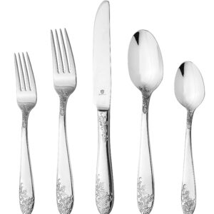 DANIALLI Modern Silverware Set - 18/10 Stainless Steel Flatware Set for Elegant Dining - Dishwasher Safe Cutlery Set (Imperial 60-Piece, Floral)