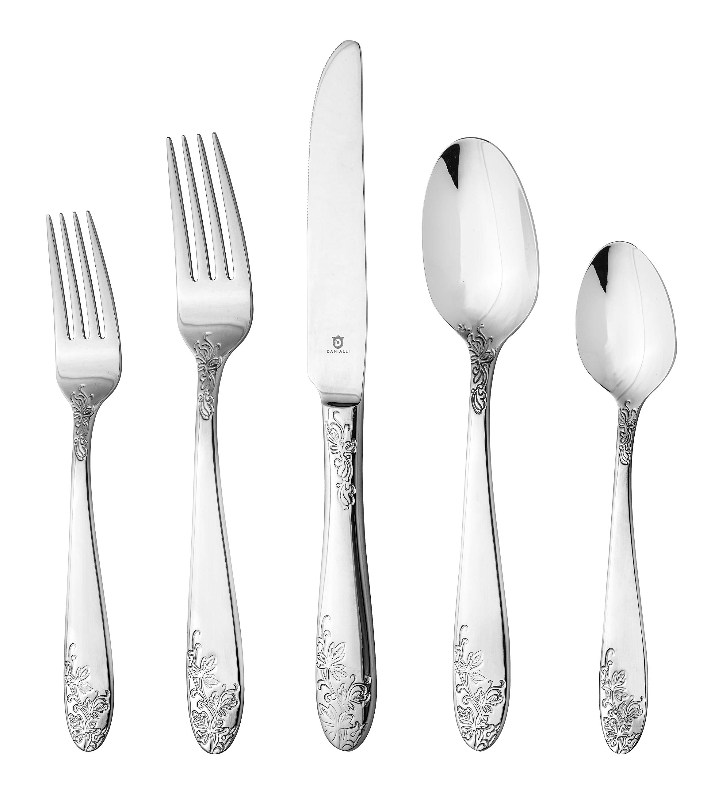 DANIALLI Modern Silverware Set - 18/10 Stainless Steel Flatware Set for Elegant Dining - Dishwasher Safe Cutlery Set (Imperial 60-Piece, Floral)