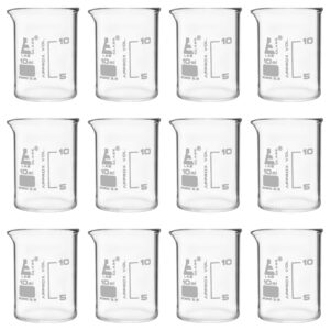 eisco 12pk beakers, 10ml - astm - low form with spout - white graduations - borosilicate 3.3 glass