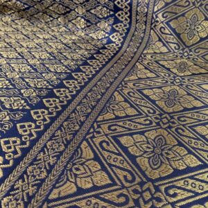 Amornphan 44 Inches Blue and Gold Traditional Thai Silk Damask Fabric for Wedding Dress Skirt by The Yard