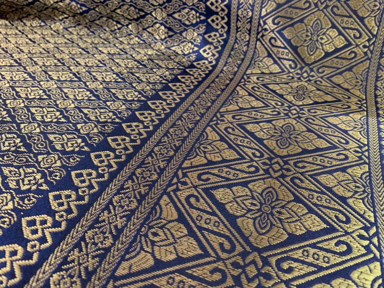 Amornphan 44 Inches Blue and Gold Traditional Thai Silk Damask Fabric for Wedding Dress Skirt by The Yard