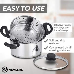 Nevlers Stainless Steel 3 Quart Steamer Pot with 2 Quart Steamer Insert plus Vented Lid - 3 Piece Set - Safe and Durable - Great Addition to Every Kitchen