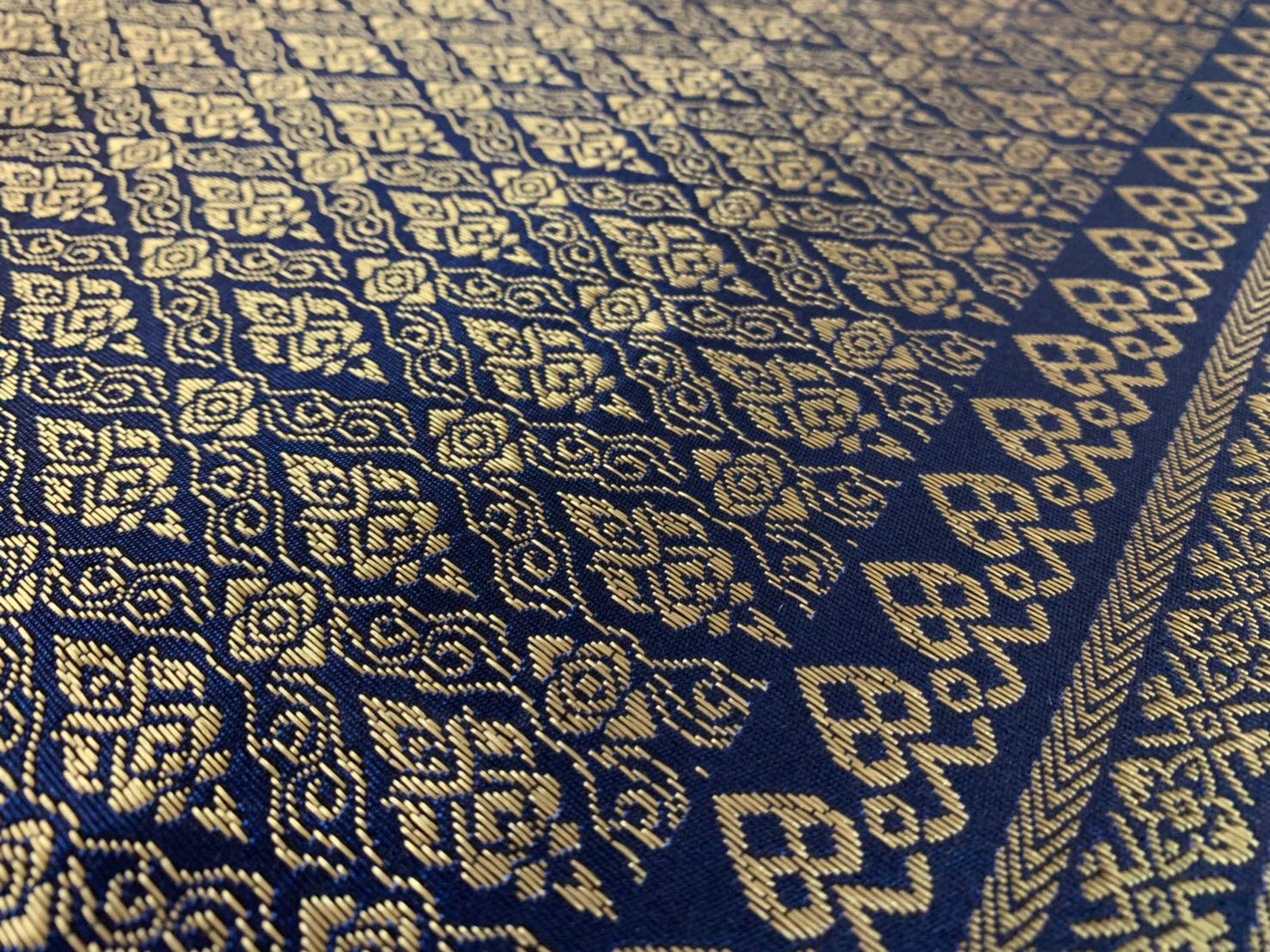 Amornphan 44 Inches Blue and Gold Traditional Thai Silk Damask Fabric for Wedding Dress Skirt by The Yard