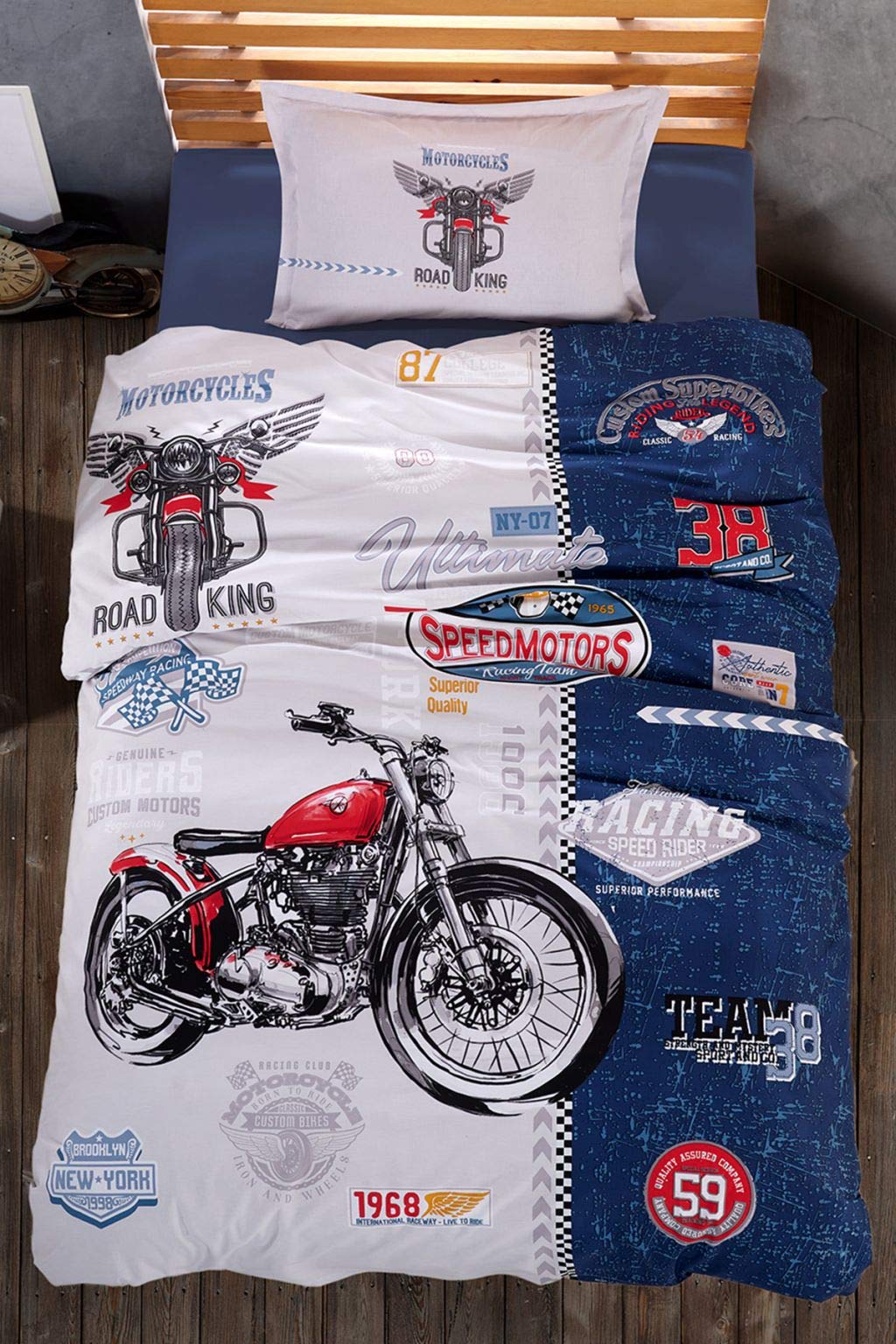 paradise RANFORCE 100% Cotton Motorcycle Bedding Set, Motorbike Themed Twin Size Quilt/Duvet Cover Set, Blue Bed Set, Reversible, (3 Pieces, Blue)