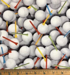 1/2 yard - golfng golf balls & colorful tees on black cotton fabric (great for quilting, sewing, craft projects, throw pillows & more) 1/2 yard x 44"