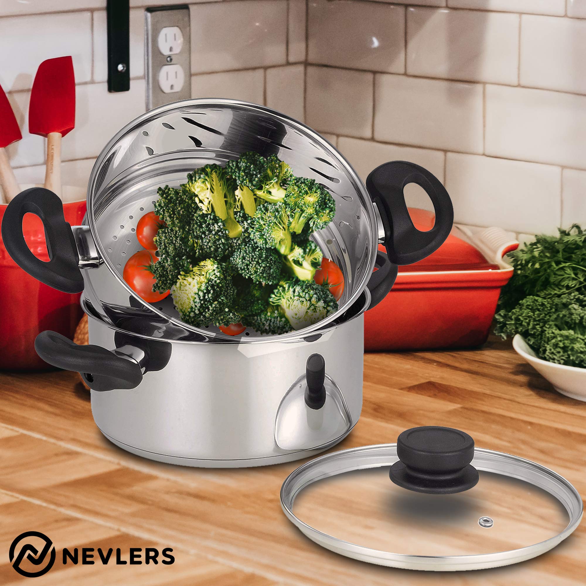 Nevlers Stainless Steel 3 Quart Steamer Pot with 2 Quart Steamer Insert plus Vented Lid - 3 Piece Set - Safe and Durable - Great Addition to Every Kitchen