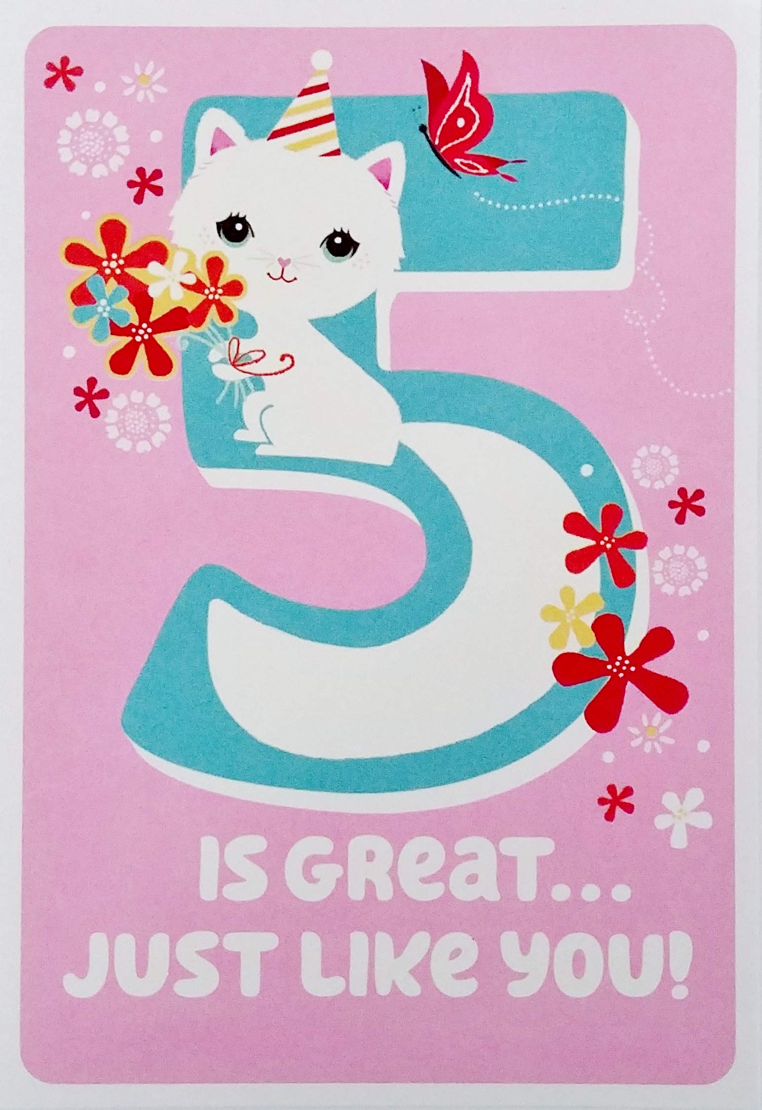 Greeting Card Happy 5th Birthday for Her with White Cat - Be Sassy and Sweet, Spunky and Silly - Have Fun Being Five