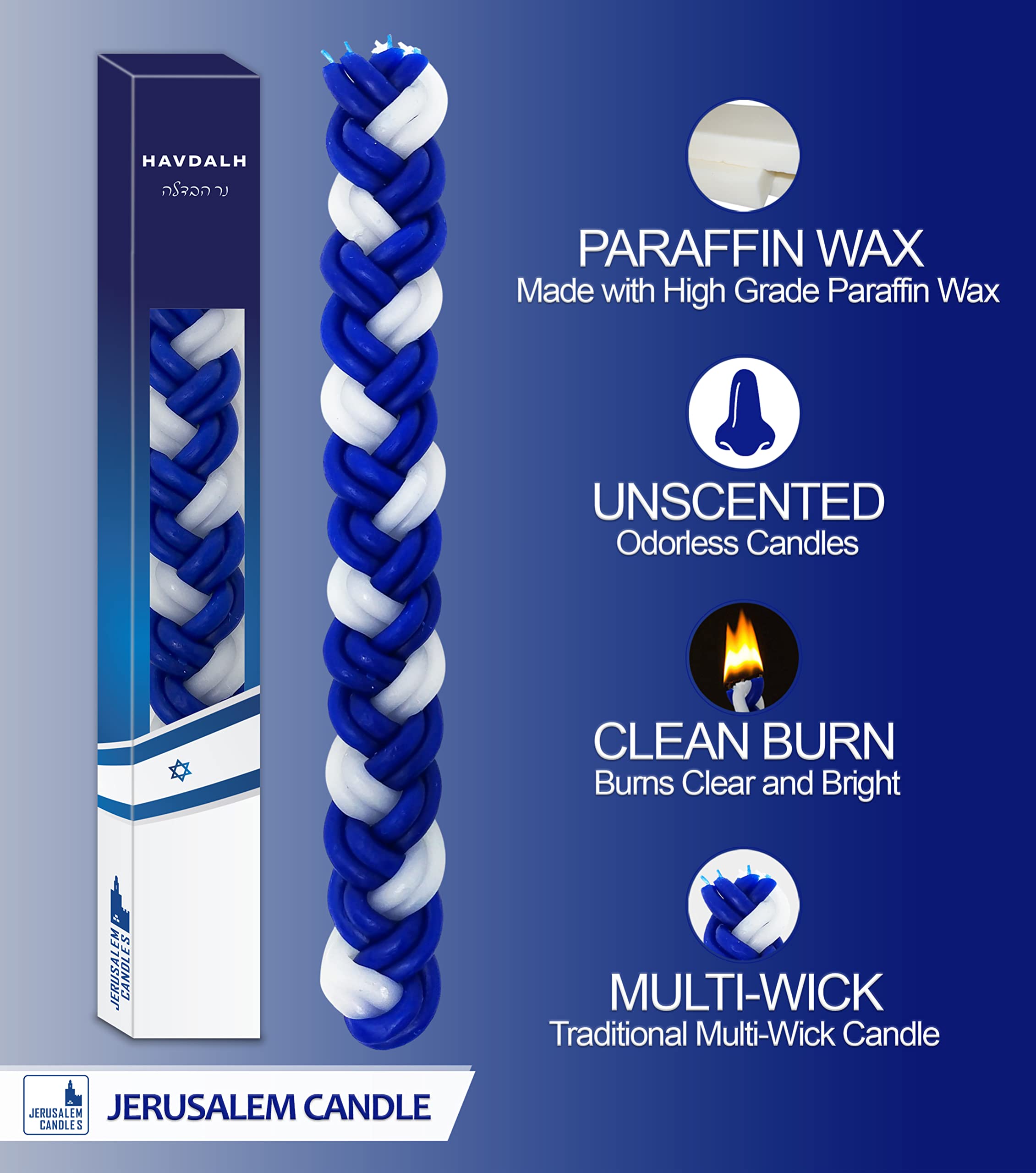 Jerusalem Candles Havdalah Candle - Braided Blue and White - Flat Havdallah Candles - 6 Pack