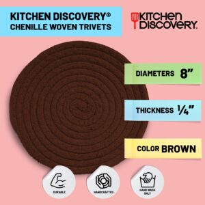 Trivets for Hot Pots and Pans - Kitchen Discovery 8" Chenille Trivets - Set of 3 Large Woven Pot Pads for Serving Hot or Cold Dishes and Protecting Your Table, Countertop or Island, Brown