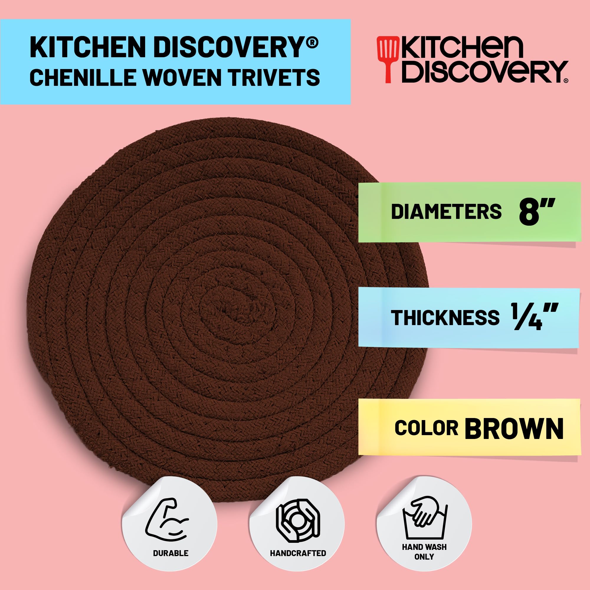 Trivets for Hot Pots and Pans - Kitchen Discovery 8" Chenille Trivets - Set of 3 Large Woven Pot Pads for Serving Hot or Cold Dishes and Protecting Your Table, Countertop or Island, Brown