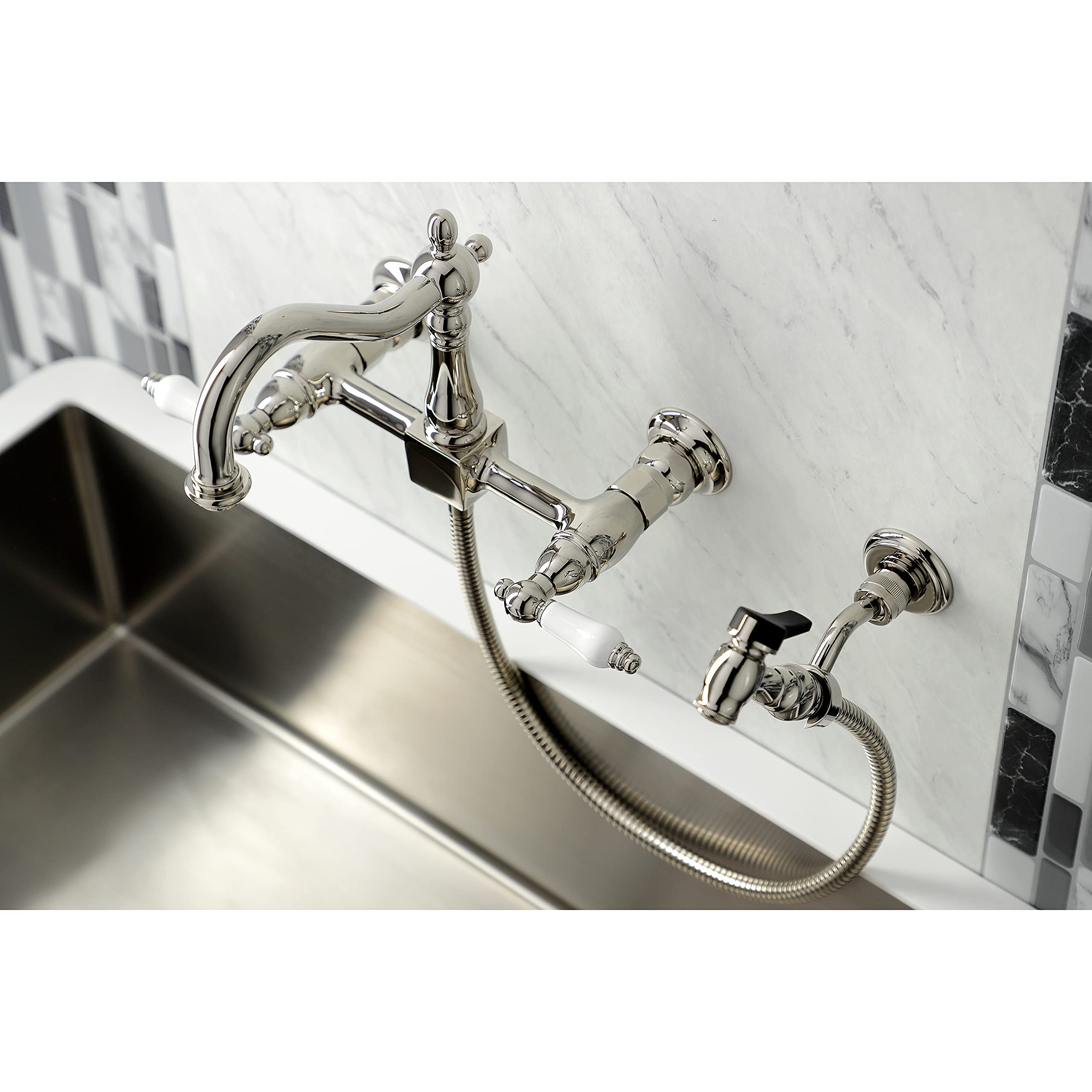 Kingston Brass KS1266PLBS Heritage Wall Mount Bridge Kitchen Faucet with Brass Sprayer, Polished Nickel