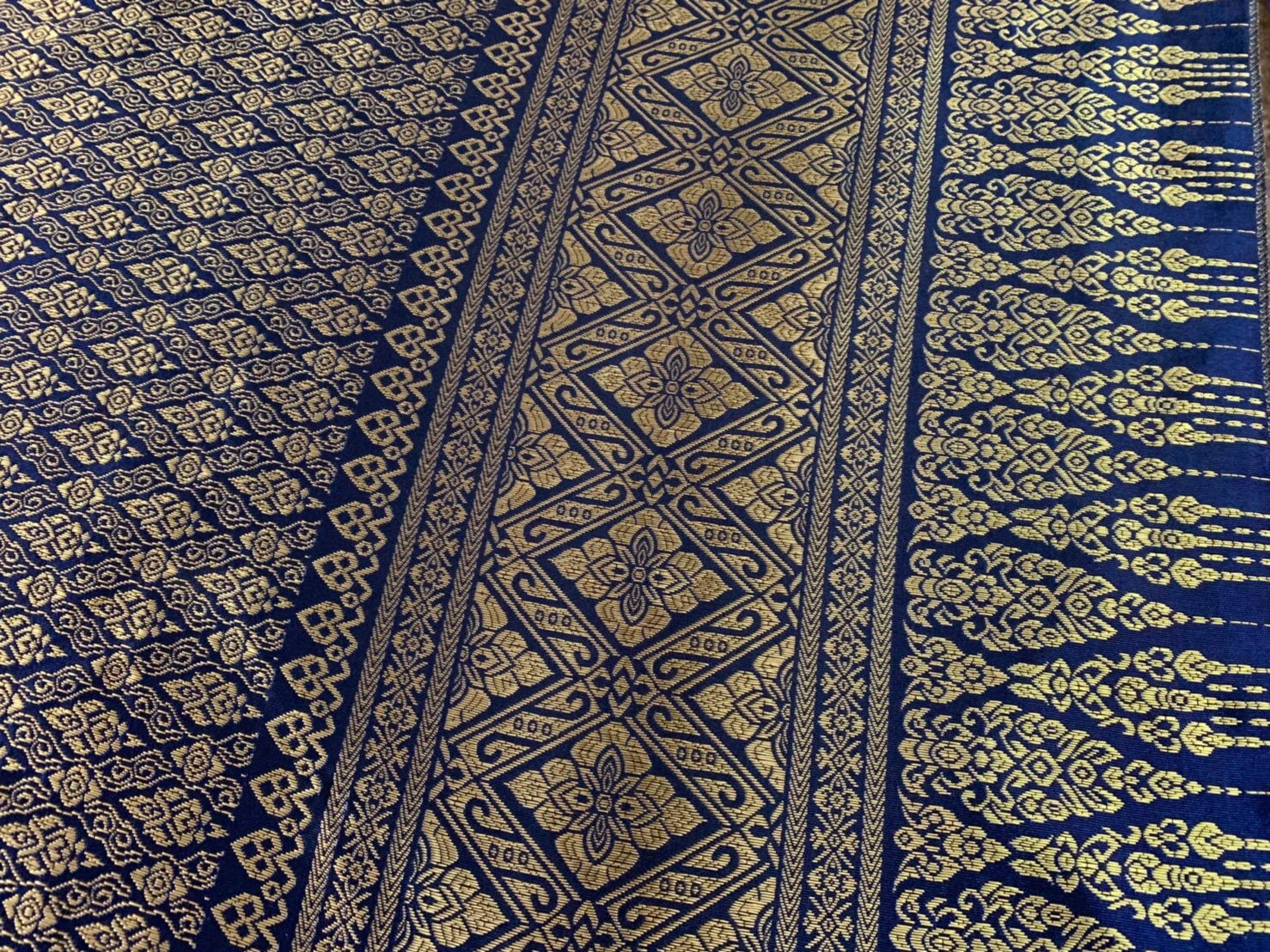 Amornphan 44 Inches Blue and Gold Traditional Thai Silk Damask Fabric for Wedding Dress Skirt by The Yard