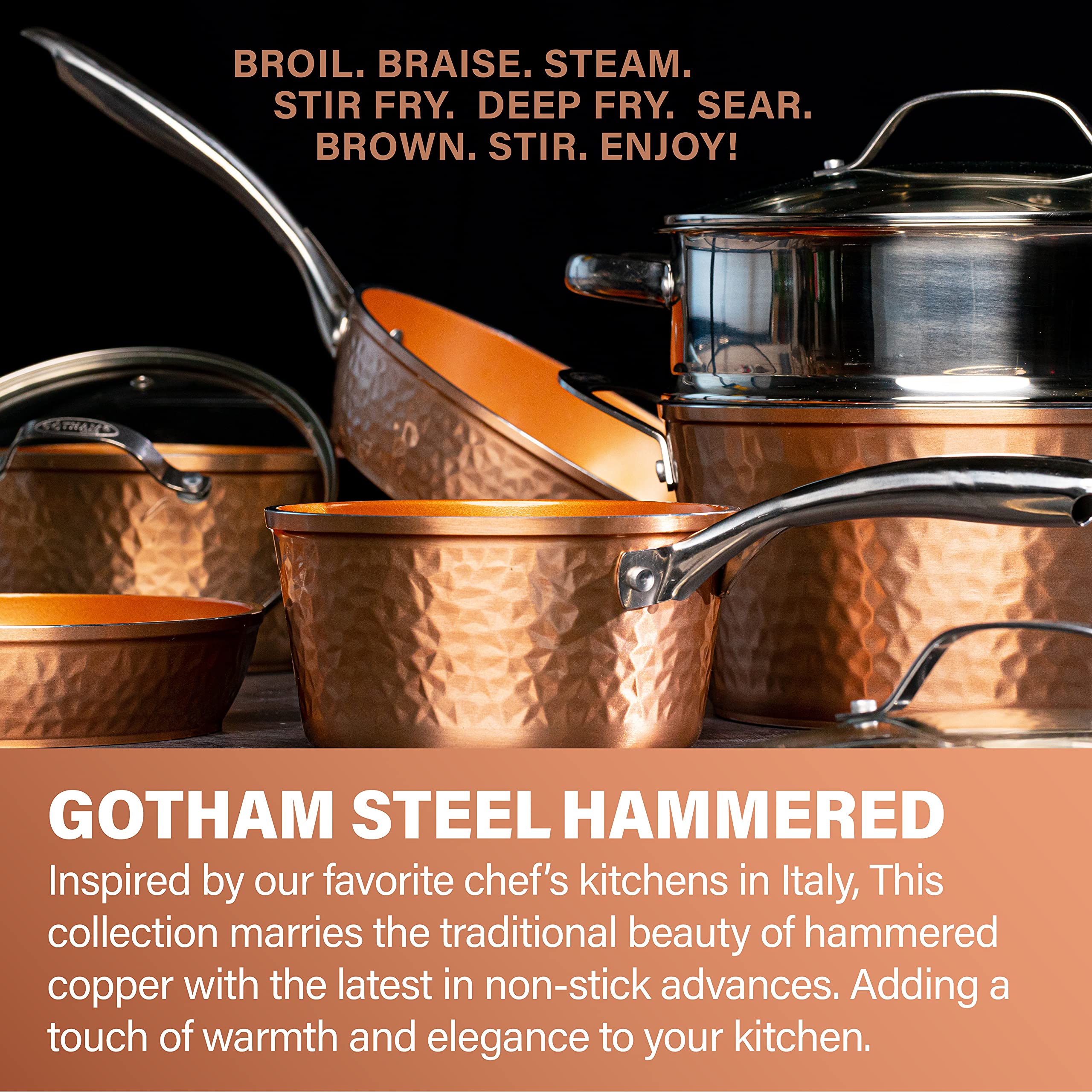 Gotham Steel Nonstick Hammered Copper Collection – 2.5 Quart Sauce Pan with Lid, Premium Cookware, Aluminum Composition with Induction Plate for Even Heating, Dishwasher & Oven Safe