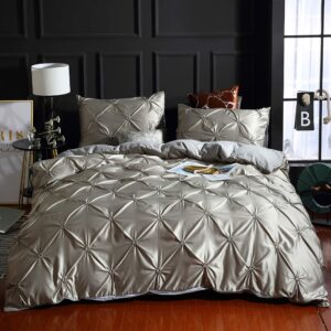 smnjf 3 piece pinch pleated duvet cover with zipper closure, grey pintuck pinch pleat pattern bedding comforter cover set (grey/gray, full/queen, 90"x90")