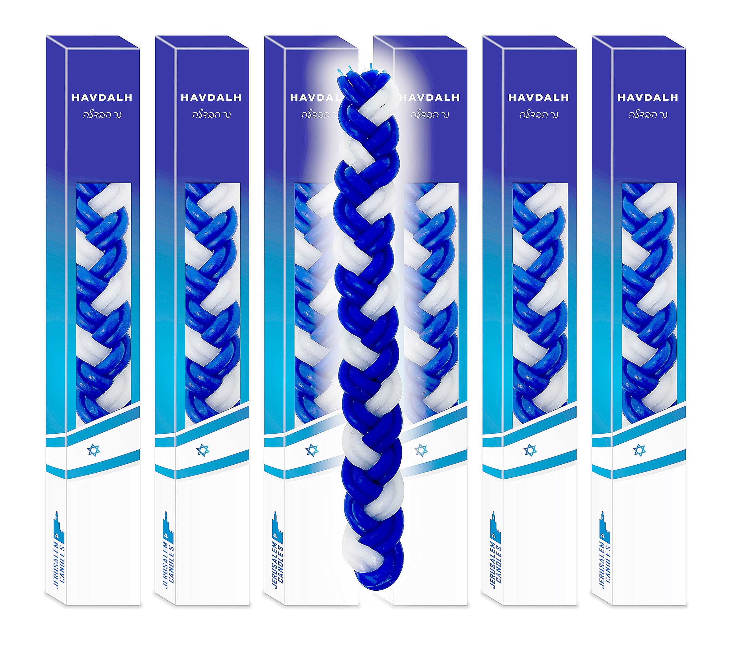 Jerusalem Candles Havdalah Candle - Braided Blue and White - Flat Havdallah Candles - 6 Pack