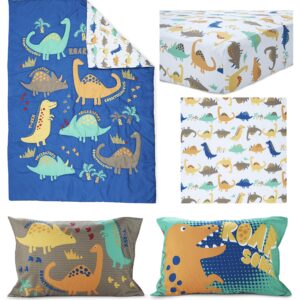 Baby Boom Funhouse Dinosaur Roarsome 4 Piece Toddler Bedding Set – Includes Comforter, Sheet Set– Fitted + Top Sheet + Reversible Pillowcase for Boys Bed, Blue