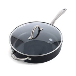 greenpan chatham black prime midnight hard anodized healthy ceramic nonstick, 5qt saute pan jumbo cooker with helper handle and lid, pfas-free, dishwasher safe, oven safe, black