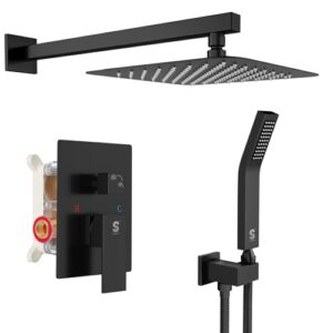 sr sun rise black square rainfall shower head and handle set, wall mounted shower fixtures, metal shower faucet trim repair kits (with shower valve)