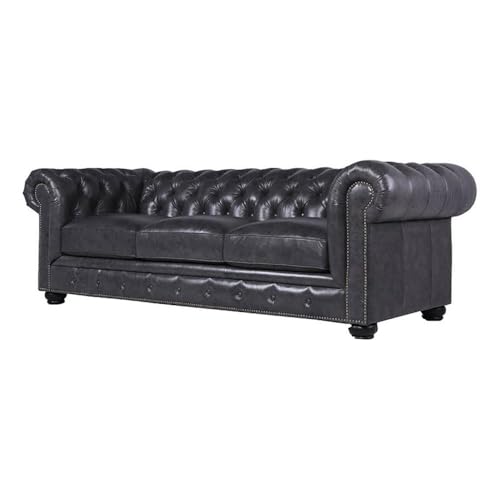 BOWERY HILL 20" Traditional Leather Tufted Back Chesterfield Sofa with Removable Seat Cushions, Leg Assembly Required, for Living Room, in Gray Finish