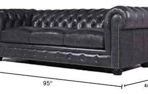 BOWERY HILL 20" Traditional Leather Tufted Back Chesterfield Sofa with Removable Seat Cushions, Leg Assembly Required, for Living Room, in Gray Finish