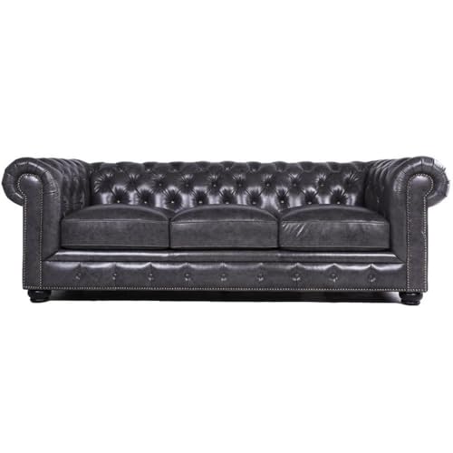 BOWERY HILL 20" Traditional Leather Tufted Back Chesterfield Sofa with Removable Seat Cushions, Leg Assembly Required, for Living Room, in Gray Finish