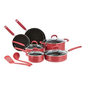 amazon basics aluminum ns 12pc red cookware set, 12 piece