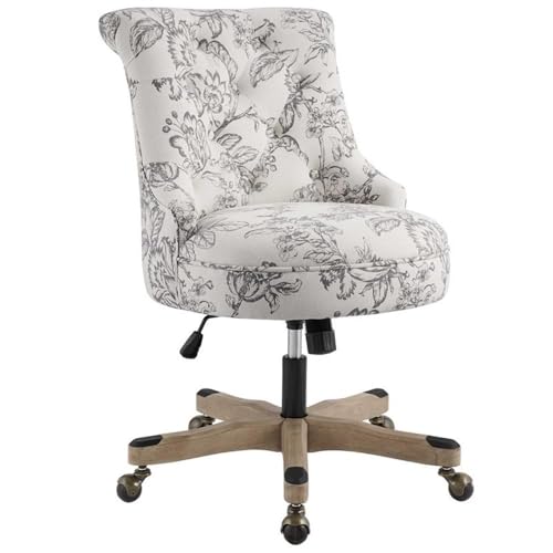 Linon Sinclair Wood Base Adjustable Rolling Office Chair in Floral Gray Fabric