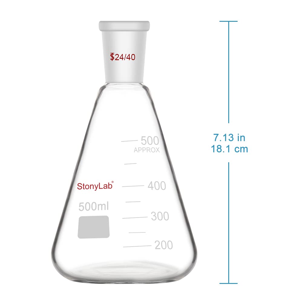 StonyLab Glass 24/40 Erlenmeyer Flask, Borosilicate Glass Heavy Wall Flask with 24/40 Standard Taper Outer Joint, 500ml