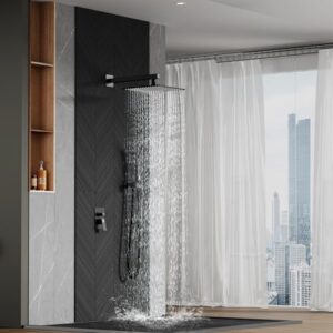 SR SUN RISE Black Square Rainfall Shower Head and Handle Set, Wall Mounted Shower Fixtures, Metal Shower Faucet Trim Repair Kits (With Shower Valve)