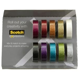 Scotch Glitter Washi Tape, 10 Rolls, Great for Use in Bullet Journal, School Supplies, Craft Supplies, and Teacher Appreciation Gifts (C517-10-SIOC)