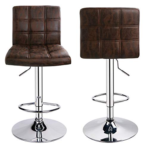 Leopard Outdoor Products Modern Square PU Leather Adjustable Bar Stools with Back, Set of 2, Counter Height Swivel Stool (Retro Brown)