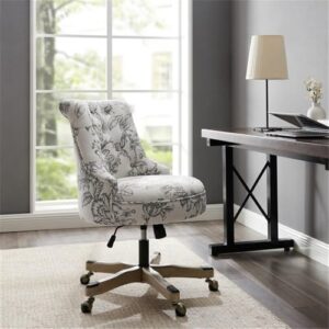 Linon Sinclair Wood Base Adjustable Rolling Office Chair in Floral Gray Fabric