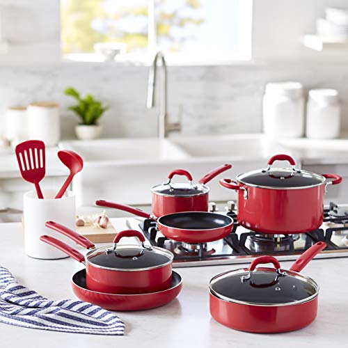 Amazon Basics Aluminum NS 12pc Red cookware set, 12 piece