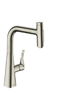 hansgrohe metris select stainless steel bar kitchen faucet, kitchen faucets with pull out sprayer, faucet for kitchen sink, stainless steel optic 73822801