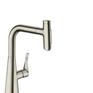 hansgrohe Metris Select Stainless Steel Bar Kitchen Faucet, Kitchen Faucets with Pull Out Sprayer, Faucet for Kitchen Sink, Stainless Steel Optic 73822801