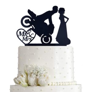 motorcycle funny wedding cake topper mr & mrs, bride groom with motorbike (black acrylic)