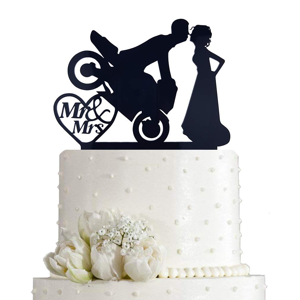 Motorcycle Funny Wedding Cake Topper Mr & Mrs, Bride Groom with Motorbike (Black Acrylic)