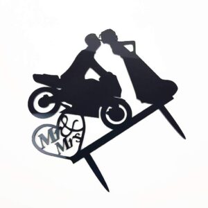 Motorcycle Funny Wedding Cake Topper Mr & Mrs, Bride Groom with Motorbike (Black Acrylic)