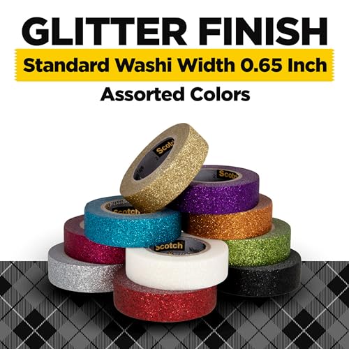 Scotch Glitter Washi Tape, 10 Rolls, Great for Use in Bullet Journal, School Supplies, Craft Supplies, and Teacher Appreciation Gifts (C517-10-SIOC)