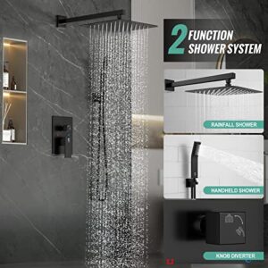 SR SUN RISE Black Square Rainfall Shower Head and Handle Set, Wall Mounted Shower Fixtures, Metal Shower Faucet Trim Repair Kits (With Shower Valve)