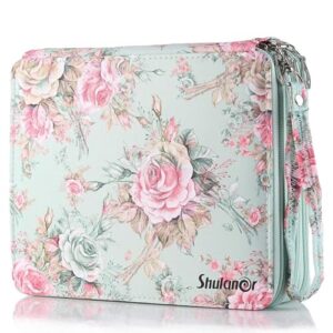 shulaner 120 slots colored pencil case with zipper closure large capacity green rose oxford pen organizer flower pencil holder for artist