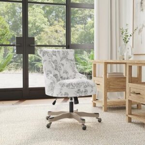 Linon Sinclair Wood Base Adjustable Rolling Office Chair in Floral Gray Fabric