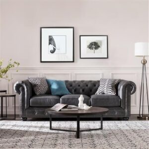 BOWERY HILL 20" Traditional Leather Tufted Back Chesterfield Sofa with Removable Seat Cushions, Leg Assembly Required, for Living Room, in Gray Finish