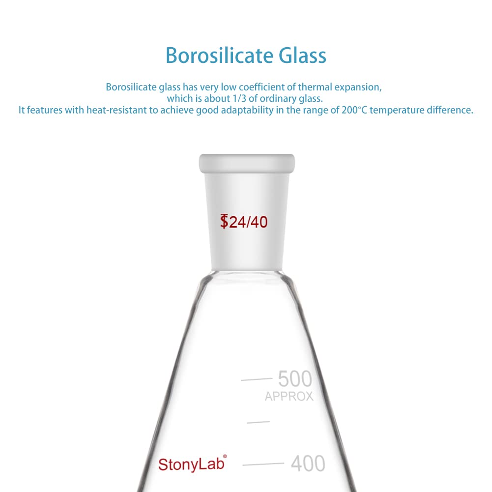 StonyLab Glass 24/40 Erlenmeyer Flask, Borosilicate Glass Heavy Wall Flask with 24/40 Standard Taper Outer Joint, 500ml