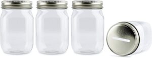 cornucopia brands small coin bank jars (4-pack, clear); 16oz clear plastic mason jar coin banks w/gold slotted lids