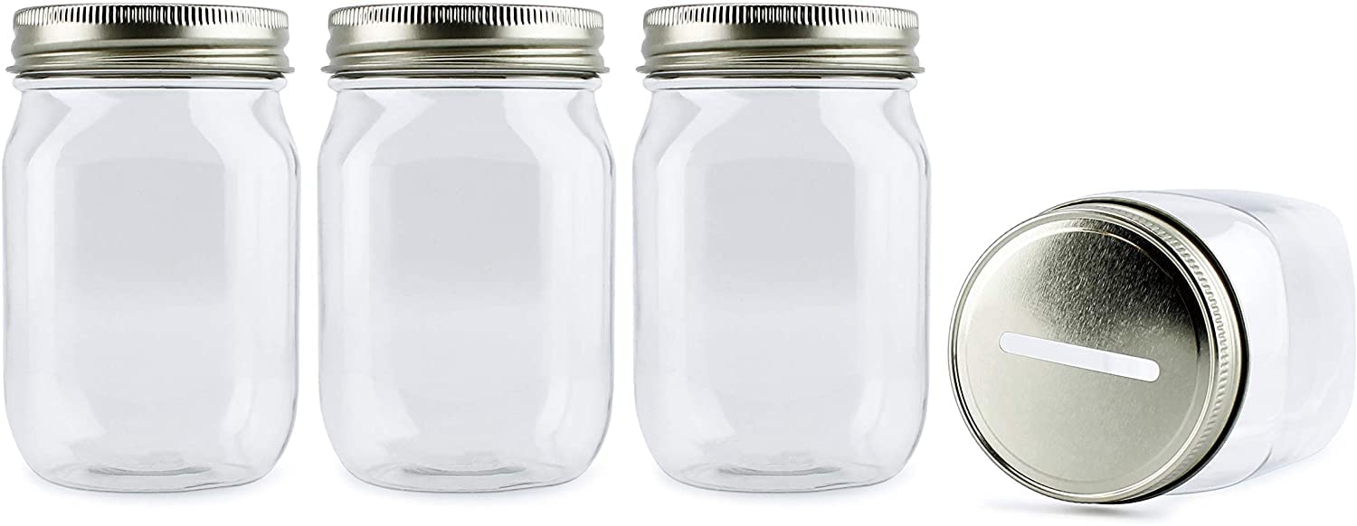 Cornucopia Brands Small Coin Bank Jars (4-Pack, Clear); 16oz Clear Plastic Mason Jar Coin Banks w/Gold Slotted Lids