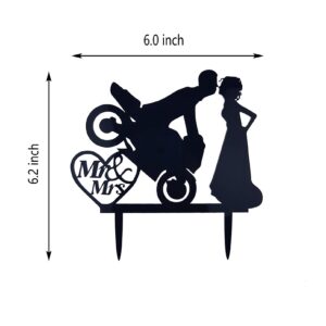 Motorcycle Funny Wedding Cake Topper Mr & Mrs, Bride Groom with Motorbike (Black Acrylic)