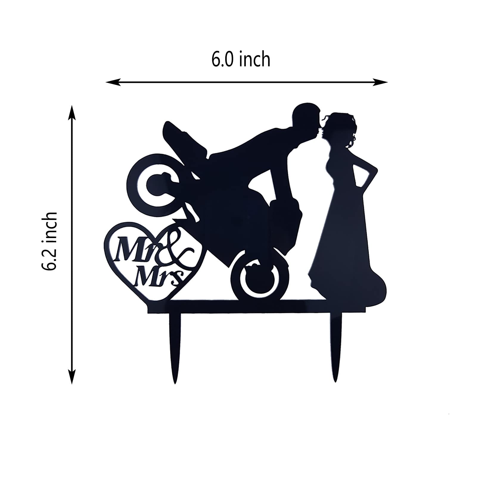 Motorcycle Funny Wedding Cake Topper Mr & Mrs, Bride Groom with Motorbike (Black Acrylic)